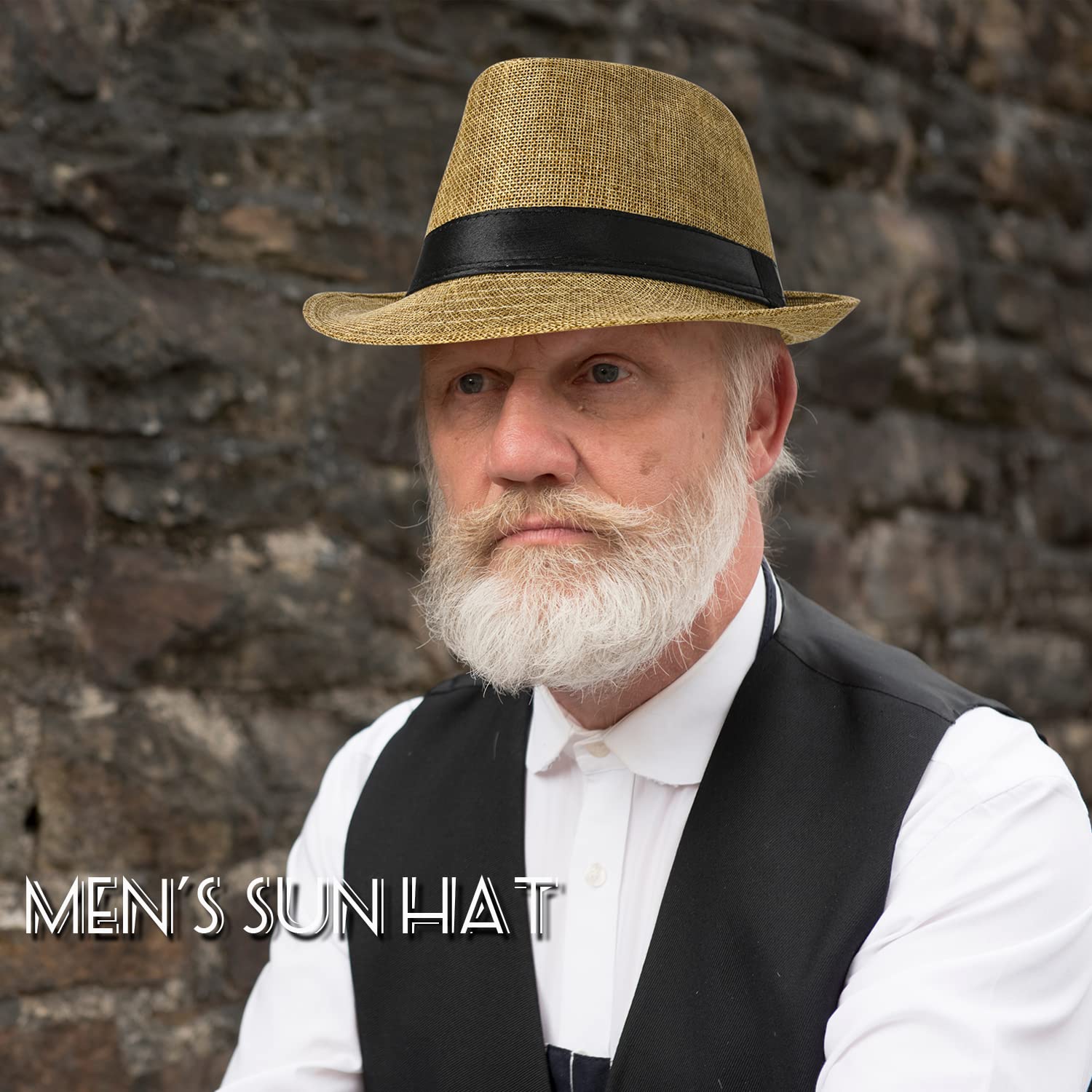 Men Wide Brim Straw Hat,Man Summer Beach Fedora Sun Hat UPF50+, Sun - Protected Straw Hats for Men Khaki