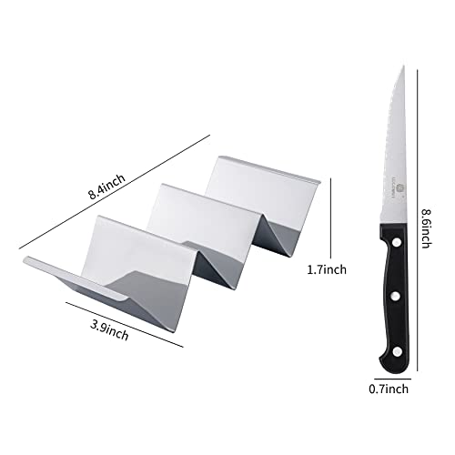 Taco Holder Stands Set of 4 β 2PCS Stainless Steel Taco rack tray and 2PCS Steak Knives β Perfect Combination for Taco Tuesday & Taco Bar - Dishwasher & Microwave Safe