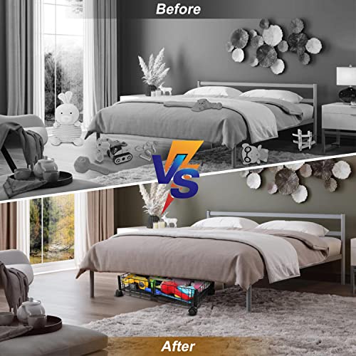 Under Bed Storage with Wheels, Rolling Under Bed Shoe Storage Container, Under Bed Cart with Wheels, Underbed Storage with Sturdy Storage Bags & Clear Window & Thick Fabric, 2 Sets, (Black)