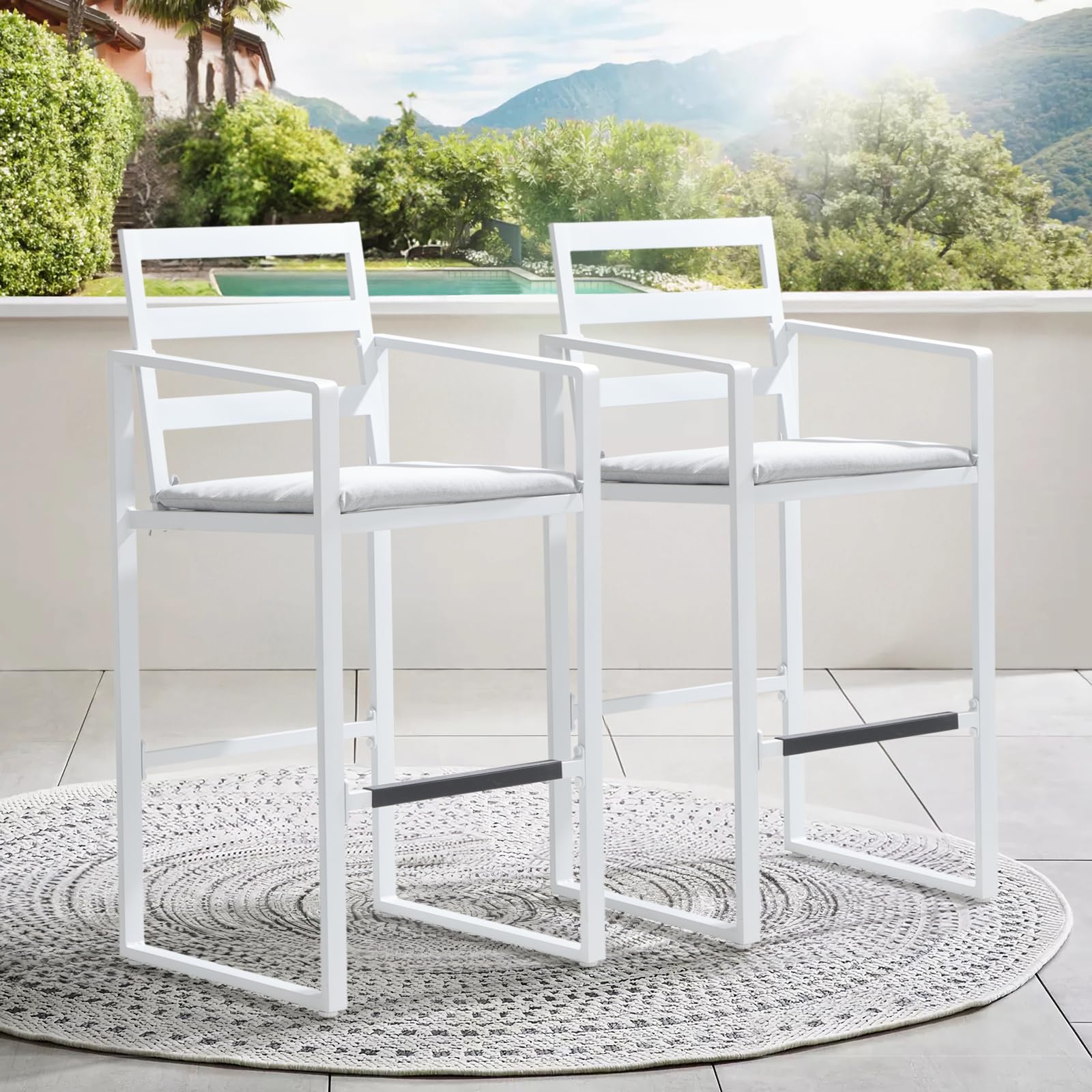 SUNSITT Outdoor Bar Stools Set of 4, All-Weather Aluminum Barstools Bar Height Patio Chairs w/Cushions & Footrest for Backyard Balcony Pool Lawn, White