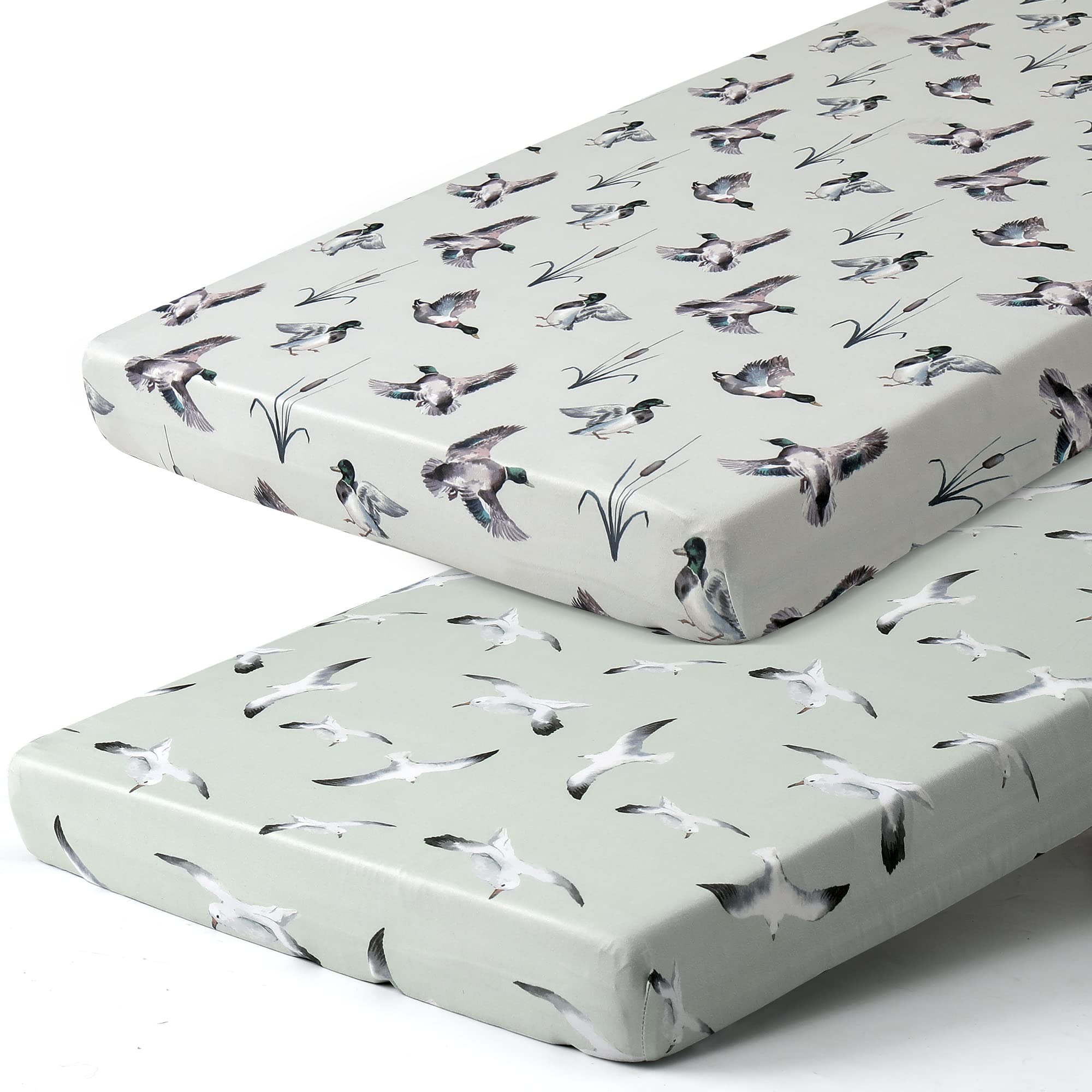 Pack n Play Stretchy Fitted Playard Sheet Set BROLEX Portable Mini Crib Sheets ,Convertible Mattress Cover ,Ultra Soft Material, 2 Pack, Duck Seabird