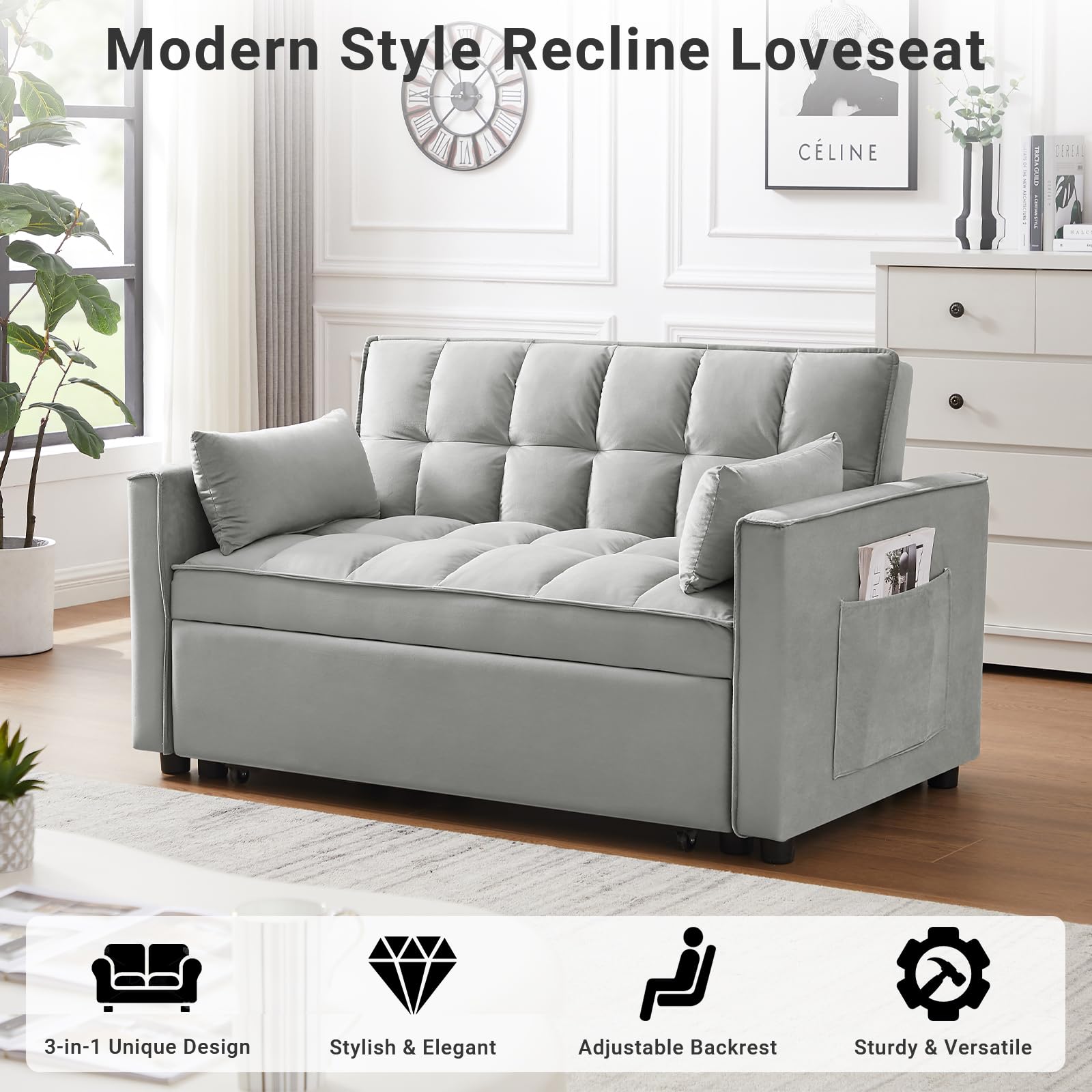 Skepphlay 3 in 1 Convertible Sofa Bed, Pull Out Couch with 3-Level Adjustable Backrest, Sleeper Loveseat Recliner with Storage and Pillows, Velvet Chaise Lounge for Living Room, Grey