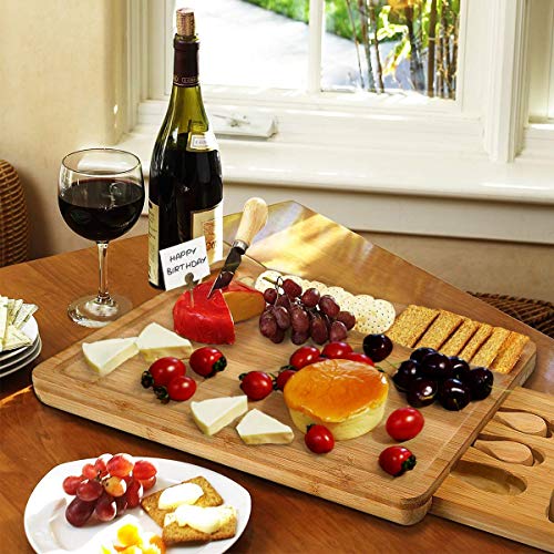 NIUXX Organic Bamboo Cheese Board with 4 Cheese Knives Set for Kitchen, 2 Compartments and 1 Sauce Container Charcuterie Platter, Rectangle Serving Tray with Hidden Cutlery Drawer for Party