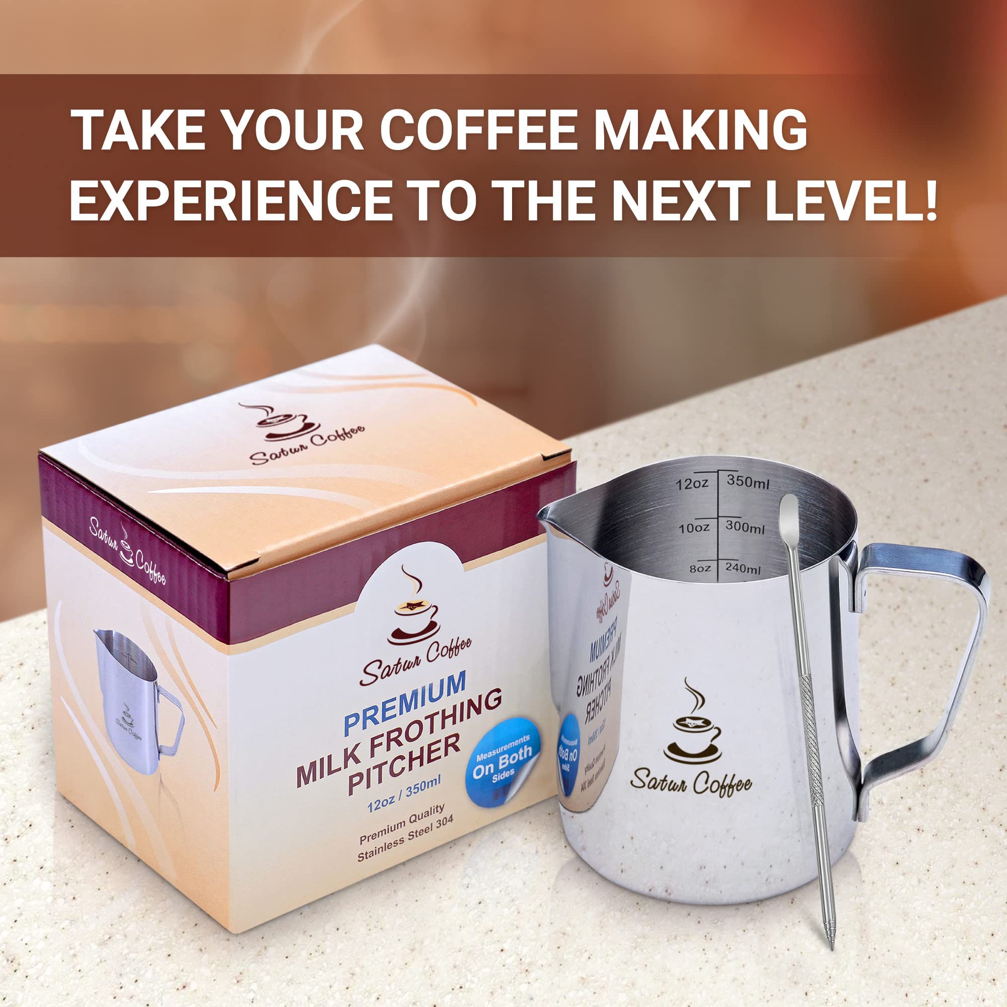 Milk Frothing Pitcher 12oz 350ml - Milk Jug 12 20 30oz - Measurements on Both Sides Inside Plus eBook - Stainless Steel Milk Frother Pitcher Espresso Cappuccino Coffee Latte Art Cup Steaming Pitcher
