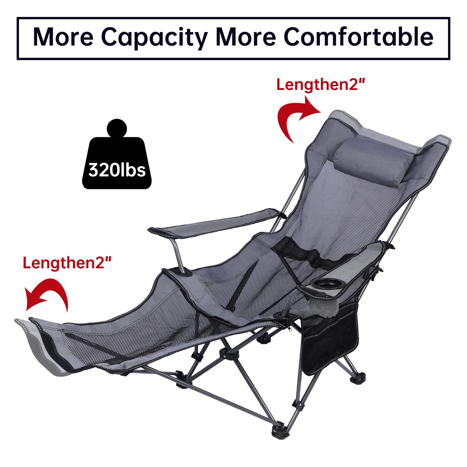 MYCOQU Camping Lounge Chair, Oversized Folding Reclining Camping Chair, Portable Recliner with Footrest, Carry Bag and Cup Holder, 320 Ibs Weight Capacity(Grey)