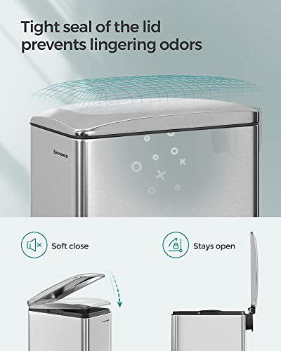 SONGMICS Slim Trash Can, 12.7 Gallon Garbage Can for Narrow Spaces with Soft-Close Lid, Inner Bucket, and Step-on Pedal, Stainless Steel, 15 Trash Bags Included, Silver ULTB510E48