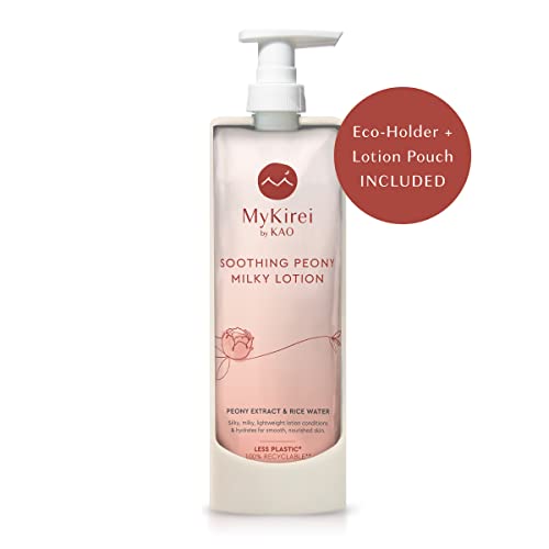 MyKirei by KAO Soothing Peony Milky Lotion, Peony Extract and Rice Water, Sustainable Bottle, with Reusable Lotion Dispenser, 11.5 FL OZ