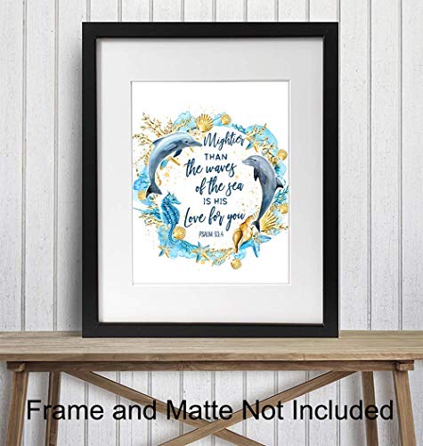 Ocean Dolphins Bible Verse Religious Wall Art - Inspirational Quote Christian Scripture Room Decoration for Bathroom, Bedroom - Nautical Beach House Poster - Mightier Than the Waves Blue Wall Decor