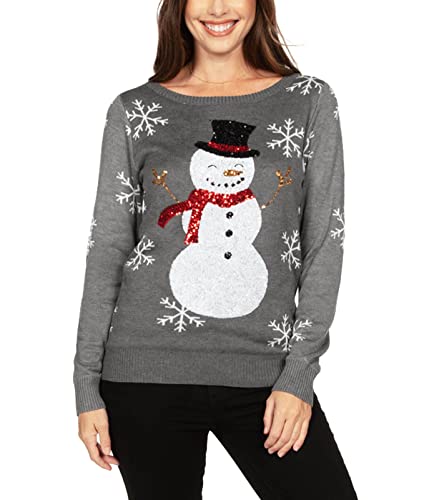 Tipsy Elves Women's Gray Sequin Snowman Christmas Neck Sweater Long Sleeve Sequin Snowman (Grey) XX-Large