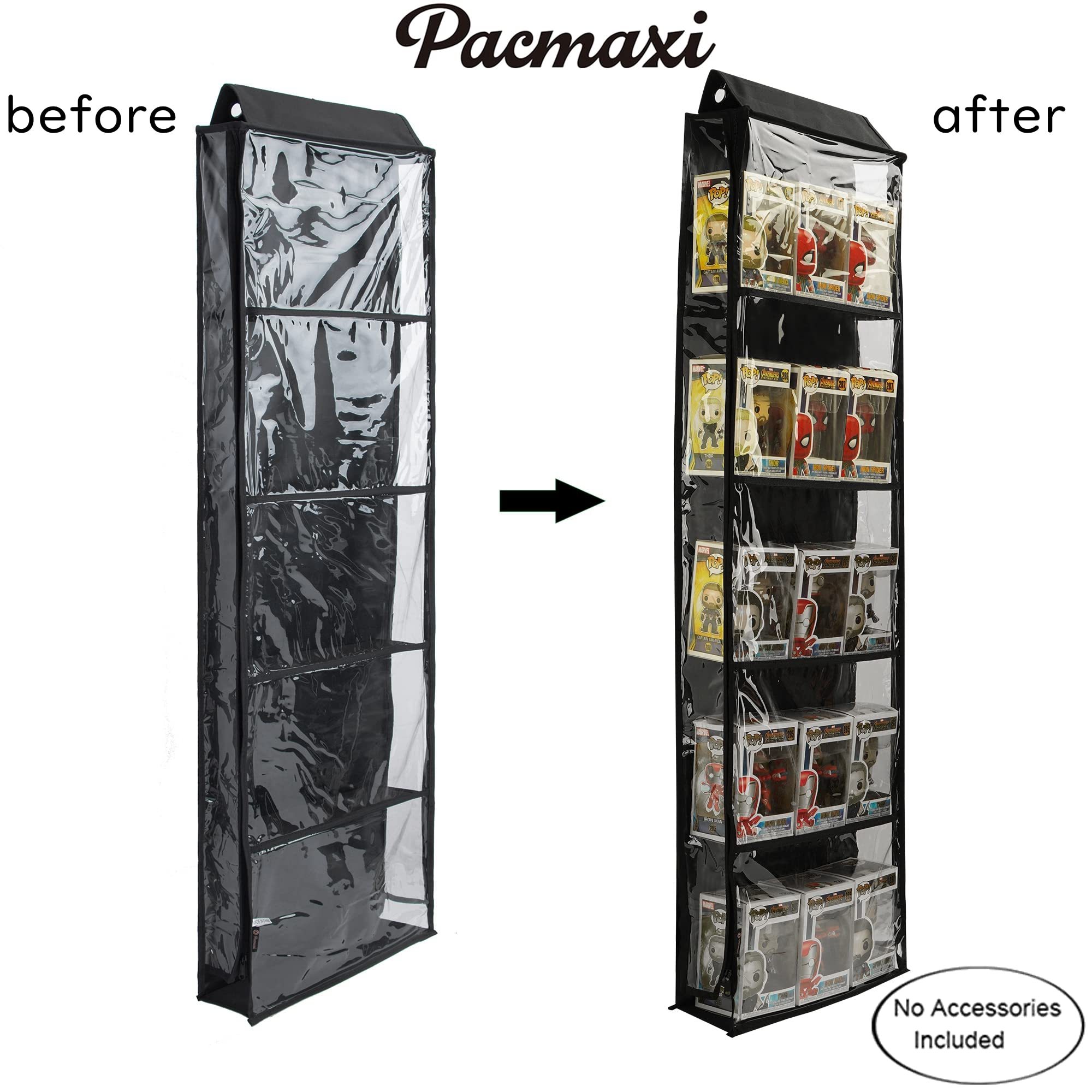 PACMAXI Hanging Over The Door Storage Organizer Storage for Funko Pop with 5 Compartments, Clear Wall Display Toy Figures Organizer Fits 6 Regular Size Funko Pop Boxes (black)