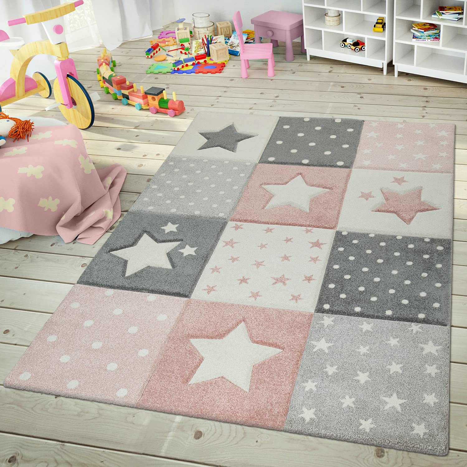 Paco Home Kids Rug for Nursery Checkered with Dots & Stars in Pink White Grey, Size: 2'8" x 4'11"