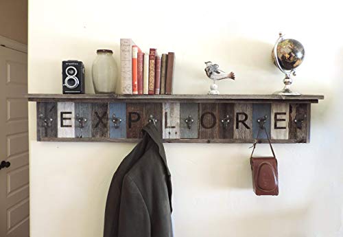 Personalized Reclaimed Barn Wood Coat Rack with 4 inch Deep Shelf, Decorative Custom Wall Mounted Entryway hooks, Rustic Farmhouse Hat Umbrella Tree Accent Your choice of length and colors