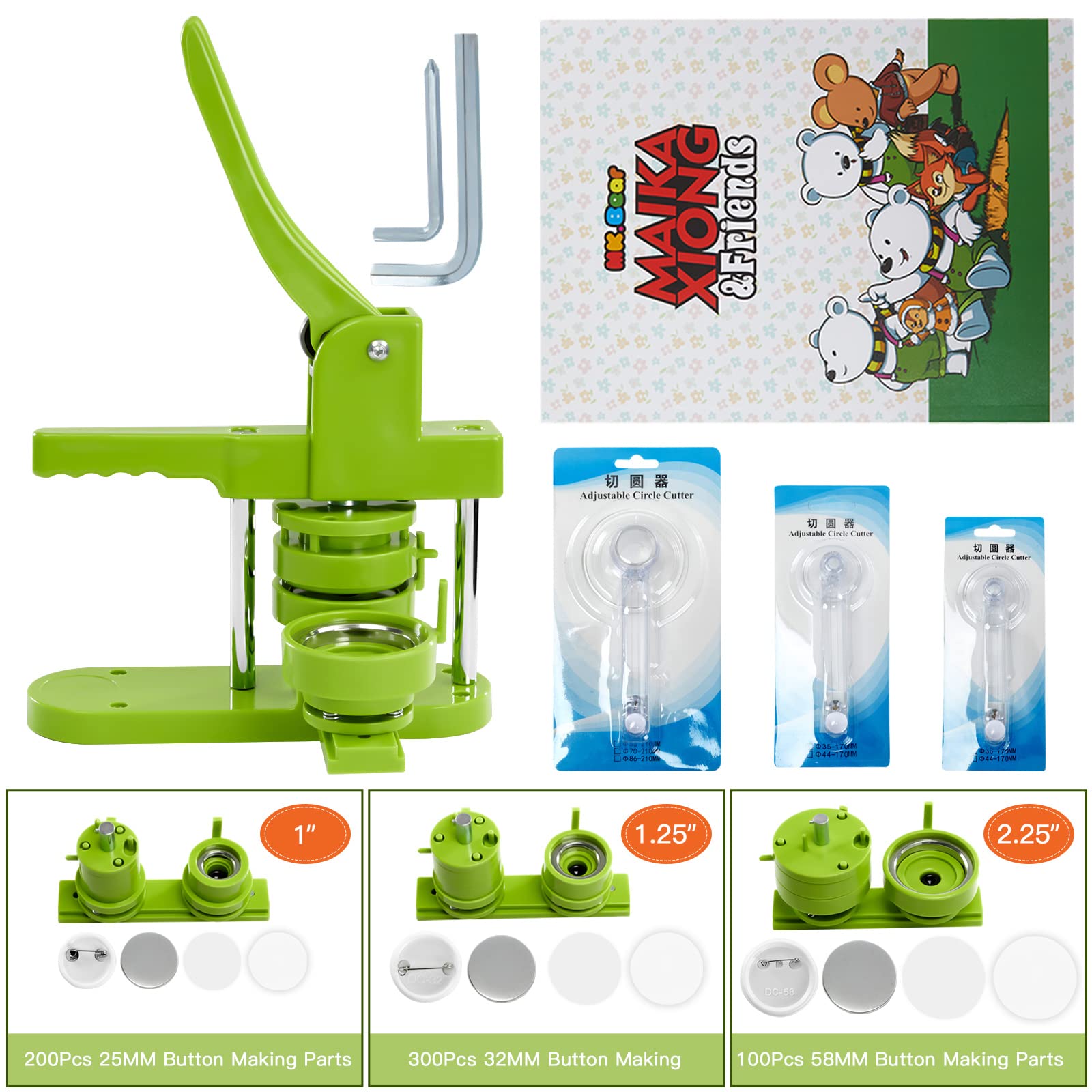 Green Button Maker Machine Multiple Sizes 600Pcs(25/32/58mm) + Pink Button Maker Machine Multiple Sizes 600Pcs (23/32/58)