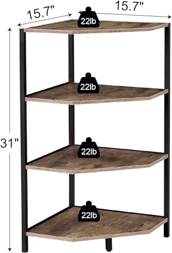 VECELO Corner Shelf, 4-Tier Display Shelves, Wood Storage Stand with Metal Frame, Multipurpose Shelving Unit for Small Space, Home Office, Rustic Brown