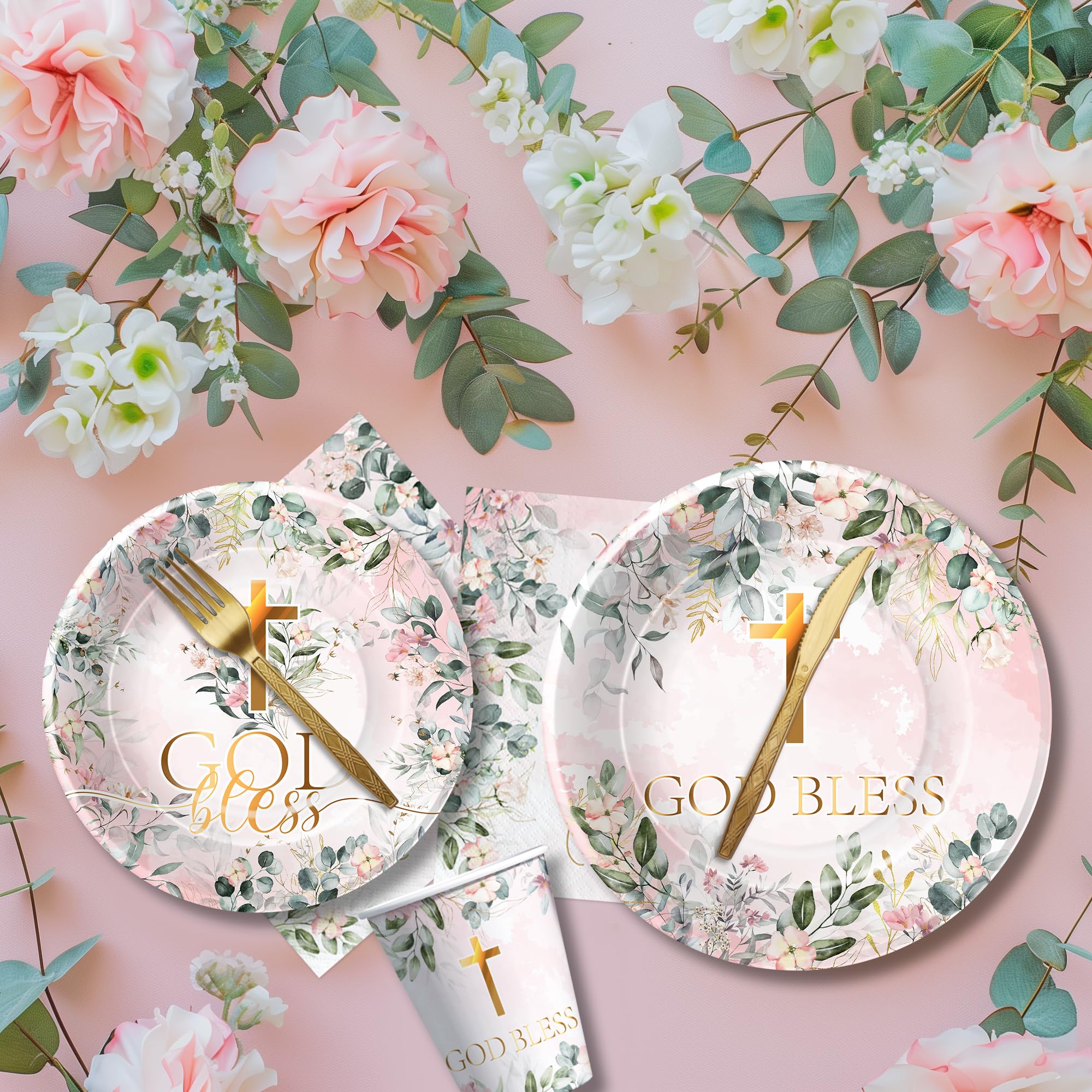 Suhelkit God Bless Baptism Decorations Tableware Girl - First Communion Decorations Supplies, Plate, Cup, Napkin, Fork, Baptism Plates And Napkins Set For Christening Baby Shower Religious | Serve 24