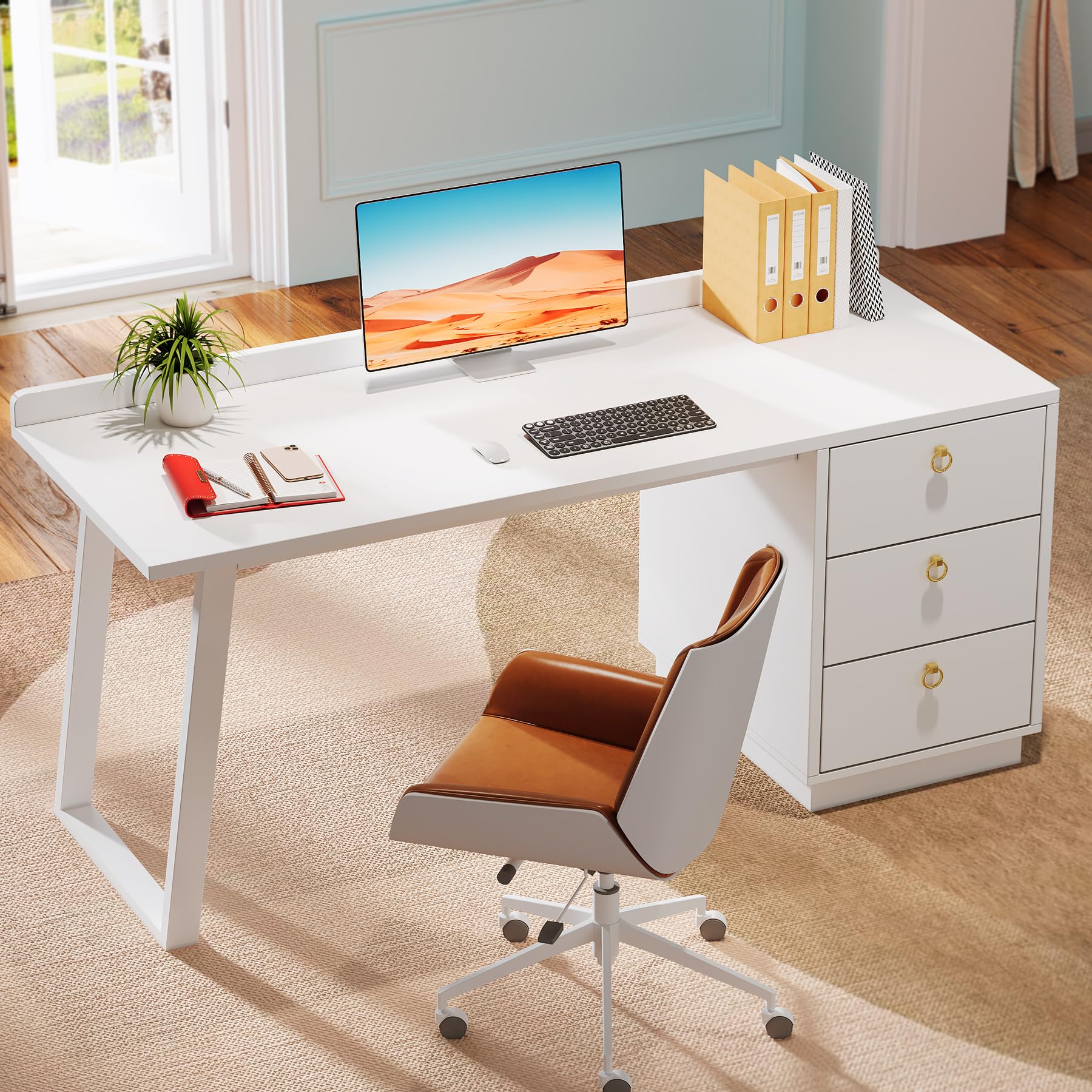 Tribesigns White Computer Desk with Drawers: 55 Inches Modern Home Office Desk with Storage, Small Wood Study Writing Work Table Workstation for Bedroom, White and Gold