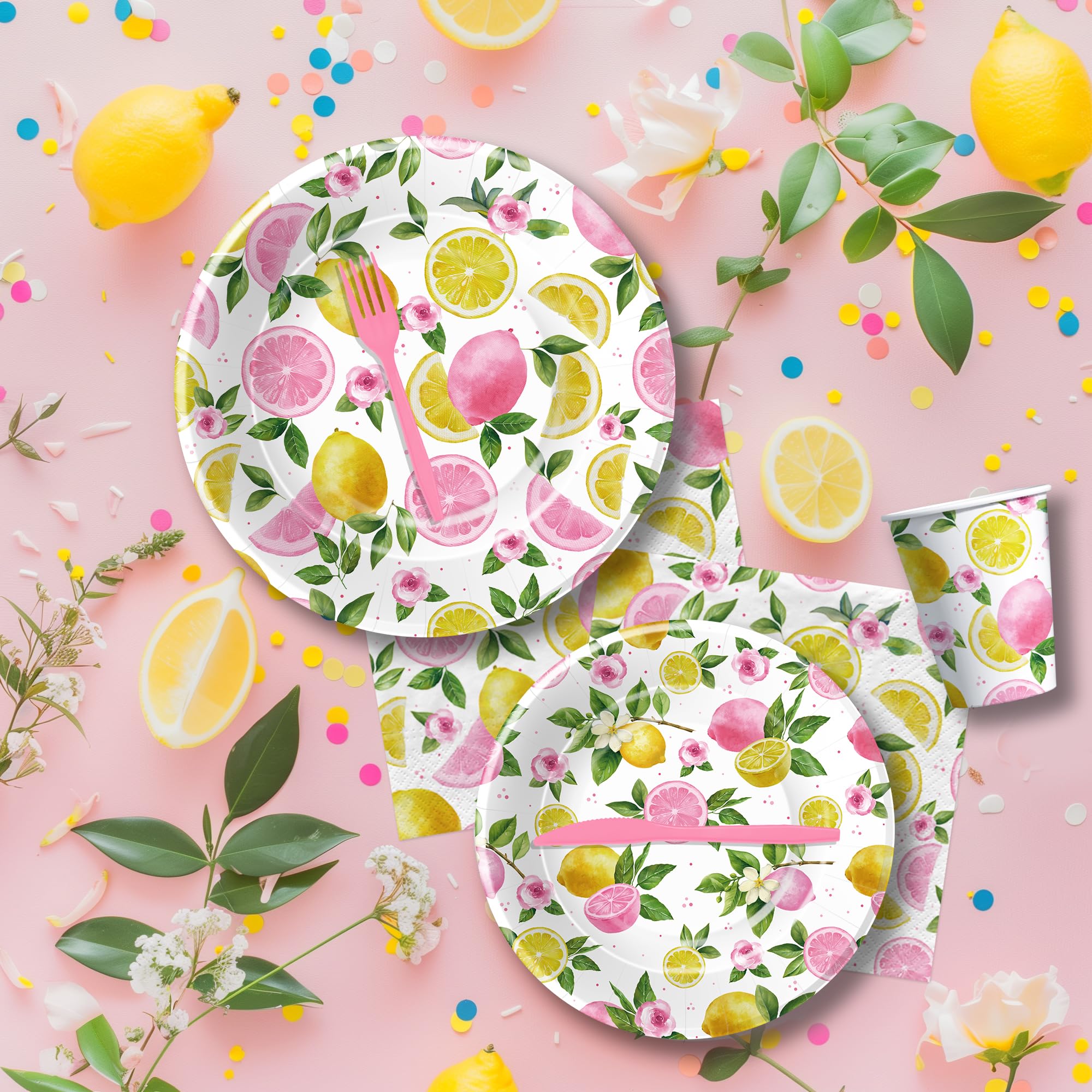 Suhelkit Lemon Party Decorations Tableware For Girls - Lemon Birthday Party Supplies, Plate, Napkin, Cup, Cutlery, Summer Pink Lemon Baby Shower Bridal Shower Table Decorations Dinnerware | 24 Guests