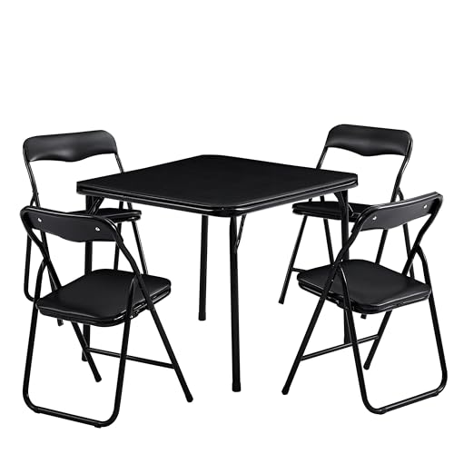 VECELO Kids Folding Activity Table and Chairs 5 Pcs Set, Portable, with Ultra Soft PU Padded Cushion, Matte Black