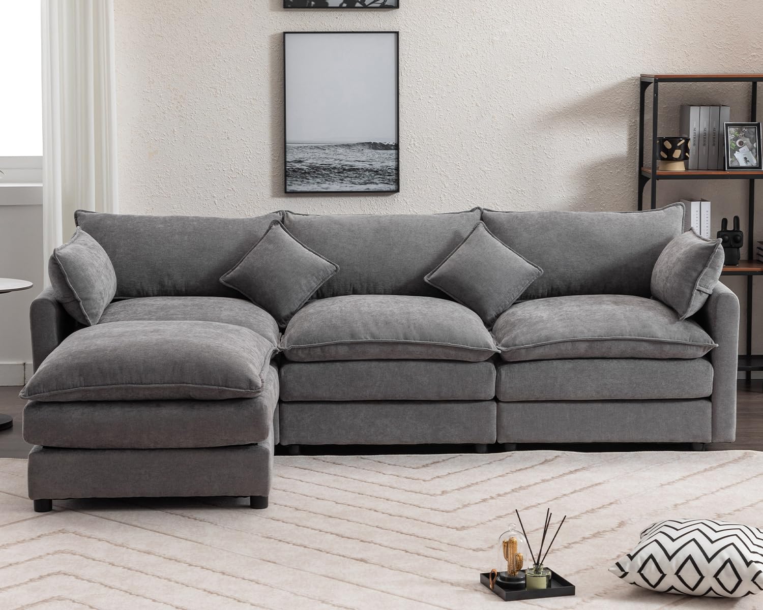 Suheww Grey L Shaped Sectional Sofa, 3 Seat Convertible Sectional Sofa Couch with Movable Ottoman, Modern Chenille Fabric L Shaped Sectional Couches for Living Room Apartment Office RV