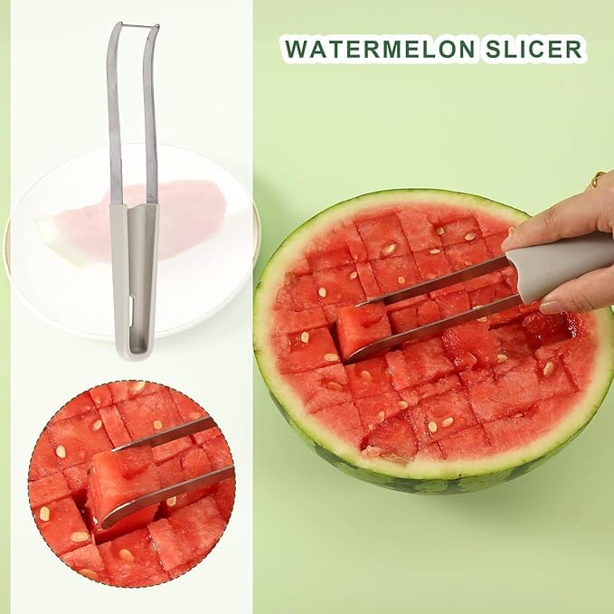 TROKKA 3-in-1 Watermelon Fork Slicer Cutter,Stainless Steel Watermelon Popsicle Cutter Watermelon Cutter Slicer Tool Melon Cutter Knife Portability Fruit Fork for Camping Kitchen Gadgets (Beige)