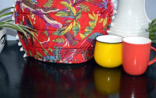 Tea Cozy Cotton Vintage Floral Tea Cosy for Teapots Keep Warm Teapot Cover Insulated Kettle Cover Tea Cozies with pom pom (Red Bird with white pom pom)