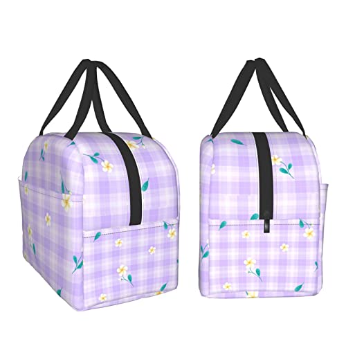 Plumeria Purple Lilac Violet Flower On Purple Plaid Lunch Box Bento Box Insulated Lunch Boxes Reusable Waterproof Lunch Bag With Front Pocket For School Office Picnic