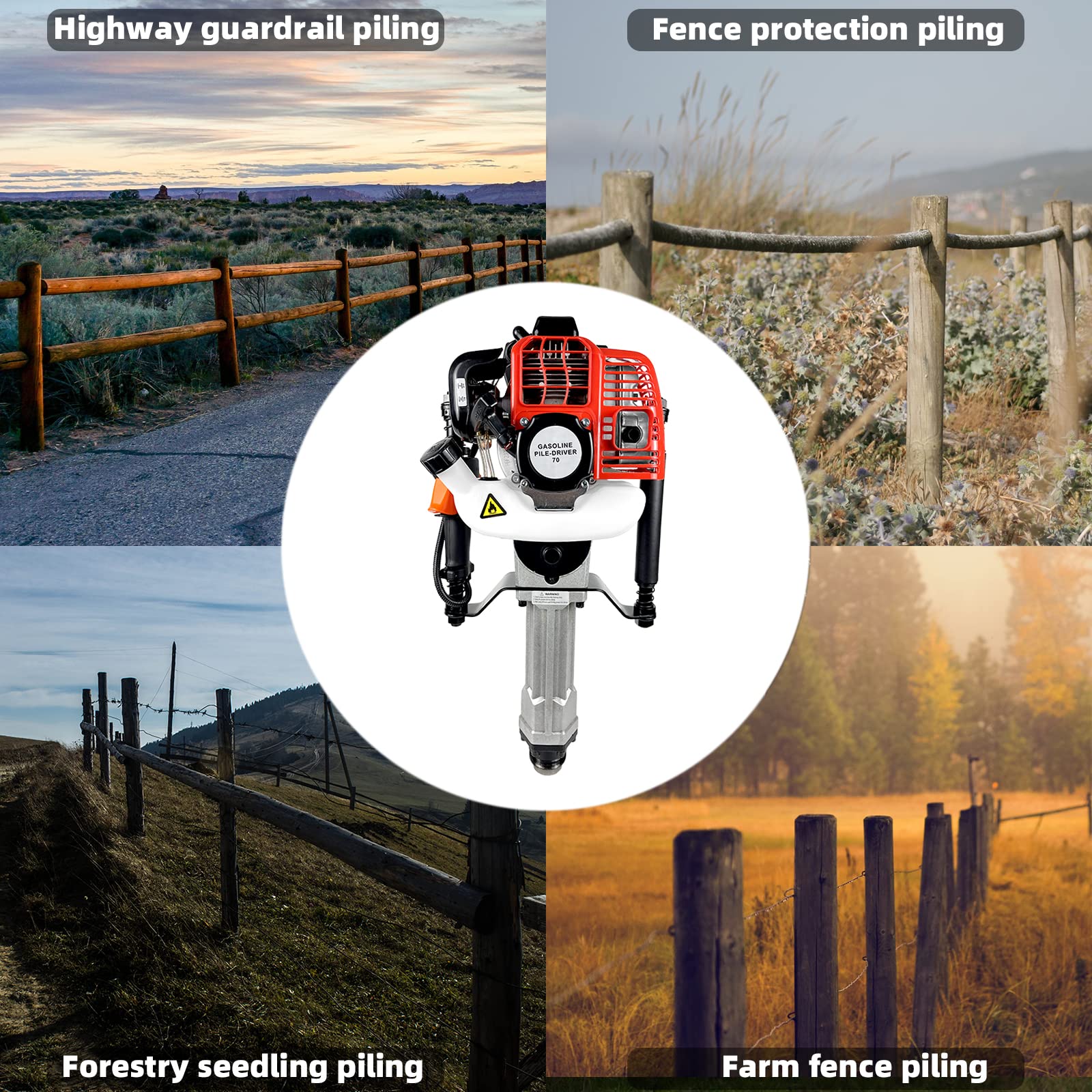 Pile Driver Hammer - JACKCHEN 2 Stroke 52CC Gas Powered T Post Driver Hammer Drills, Air Cooling Single Cylinder Gasoline Petrol Garden Fencing Tool Machine with 2 Post Driving Head