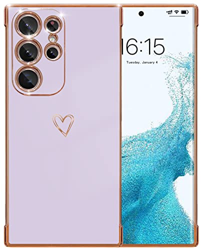 SZXYCZL Compatible with Samsung Galaxy S23 Ultra 5G Case for Women Girl with Luxury Plating Full Camera Lens Protection Cute Love Plating Edge Soft TPU Anti-Fall Case for Samsung S23 Ultra-Purple
