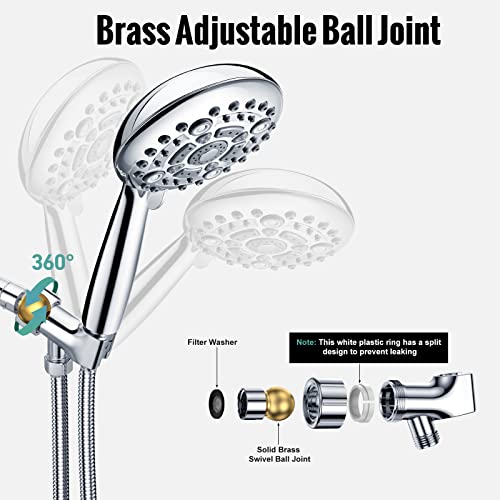 Shower Head, SR SUN RISE 6-Settings 5" High Pressure Handheld Shower Head Set with 2.45 Meter/96 Inch/ 8 FT Long Shower Hose and Shower Arm Mount with Brass Ball Joint,Chrome