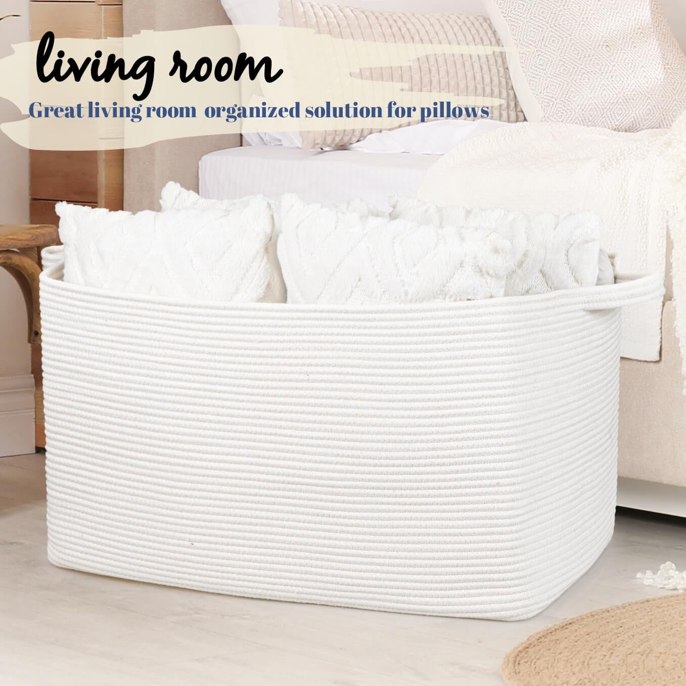 ZLG 90L Large Cotton Rope Rectangular Basket- White Woven Storage Basket - Ideal for Baby Quilt, Toy, and Clutter Sorting Basket, 24.4 "x 15" x 15 "