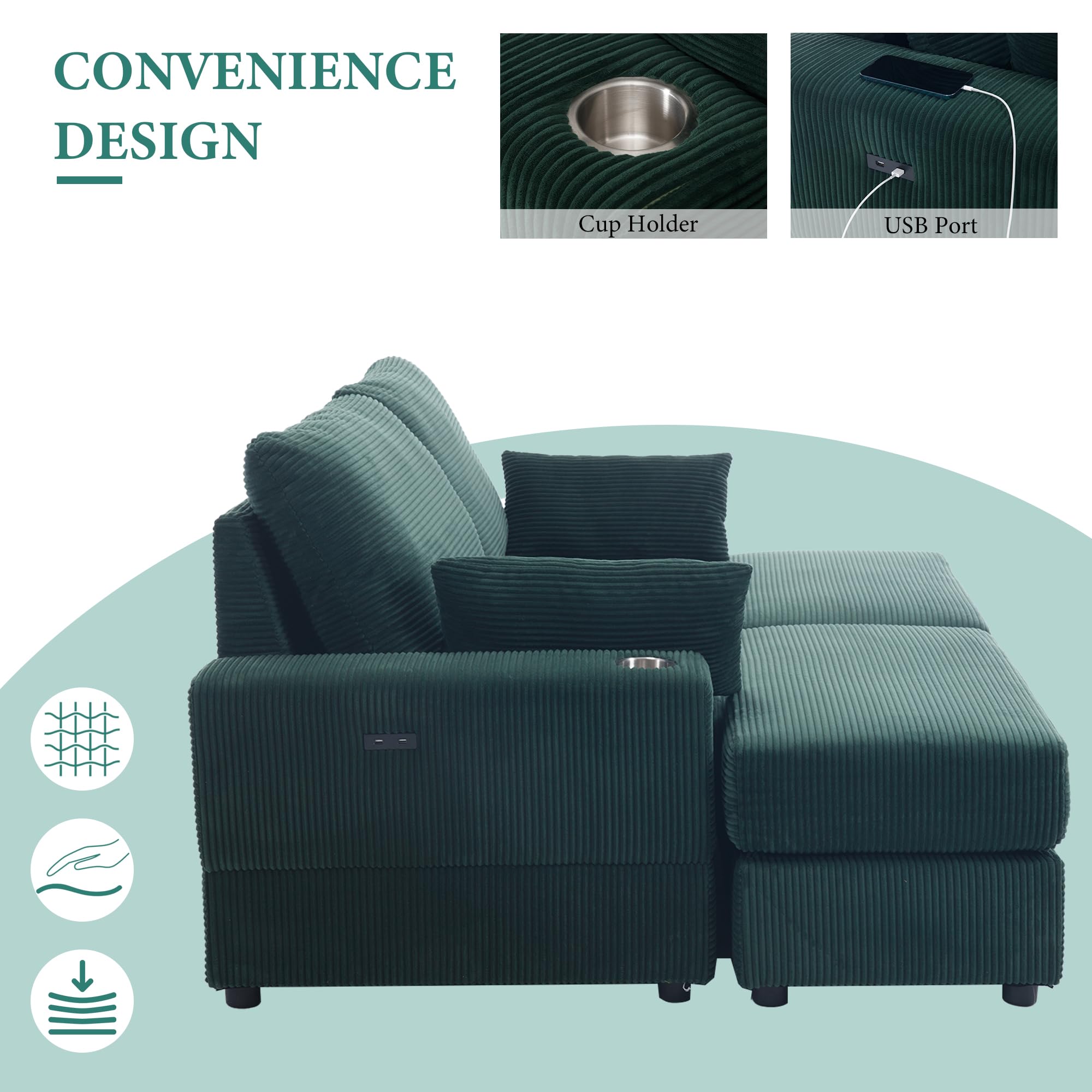Tmsan 82.7" Oversized Deep Seat Loveseat with Ottomans, Corduroy Double Chaise Sleeper Sofa, Modular Sectional Cloud Couch with Cup Holders & USB Ports for Living Room Apartment Office (Green)