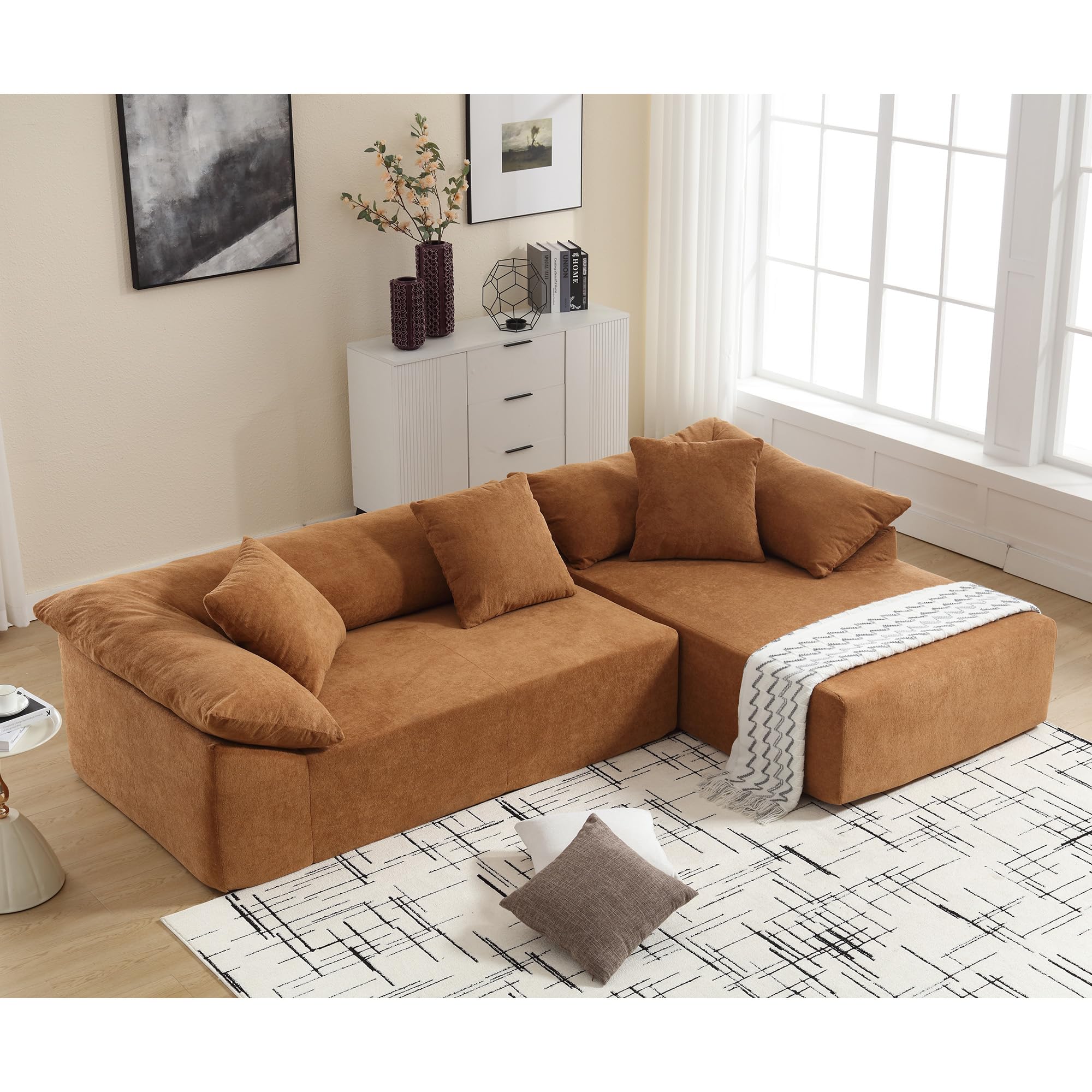 Tmsan Deep Seat L Shaped Sectional Sofa, 105.9" 2 Piece Modular Cloud Couch, Modern Comfy Floor Sofa with Left Chaise & 3 Pillows for Living Room Apartment Office, Terrycloth Fabric (Brown)