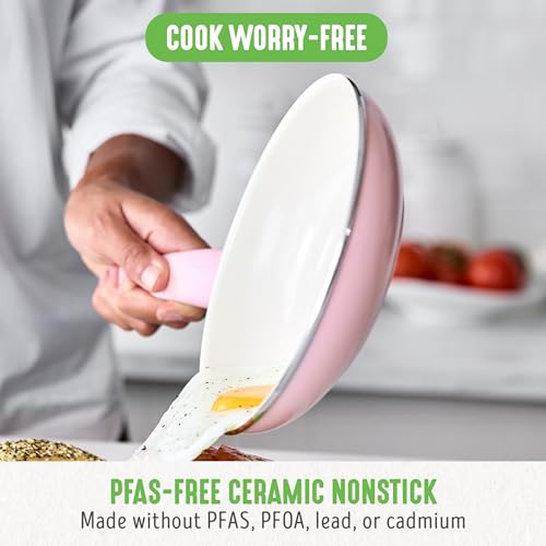 GreenLife Soft Grip Healthy Ceramic Nonstick 18 Piece Kitchen Cookware Pots and Frying Sauce Saute Pans Set, PFAS-Free with Kitchen Utensils and Lid, Dishwasher Safe, Soft Pink