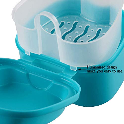 QONIA Blue Denture Case, Denture Cup with Strainer, Denture Bath Box Teeth Storage Box with Basket Net Container Holder for Travel