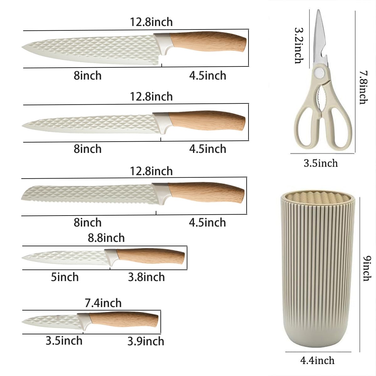 SipLip Professional Chef's Kitchen Knife Set 7 Pieces w/Knife Holder, Ultra Sharp Knife Set w/Chef's Knife, Bread Knife, Fruit Knife, Scissors, and more!
