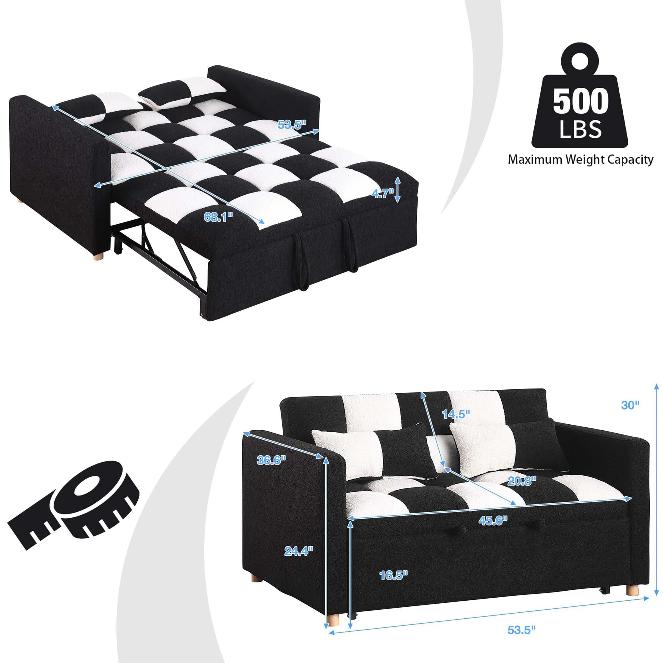SumKea 52.76'' Convertible Teddy Sleeper Sofa Couch, Modern 3-in-1 Loveseat with Adjustable Backrest, 2 Pillows, Lounge Sofa, Couches for Living Room, Apartment, Black White