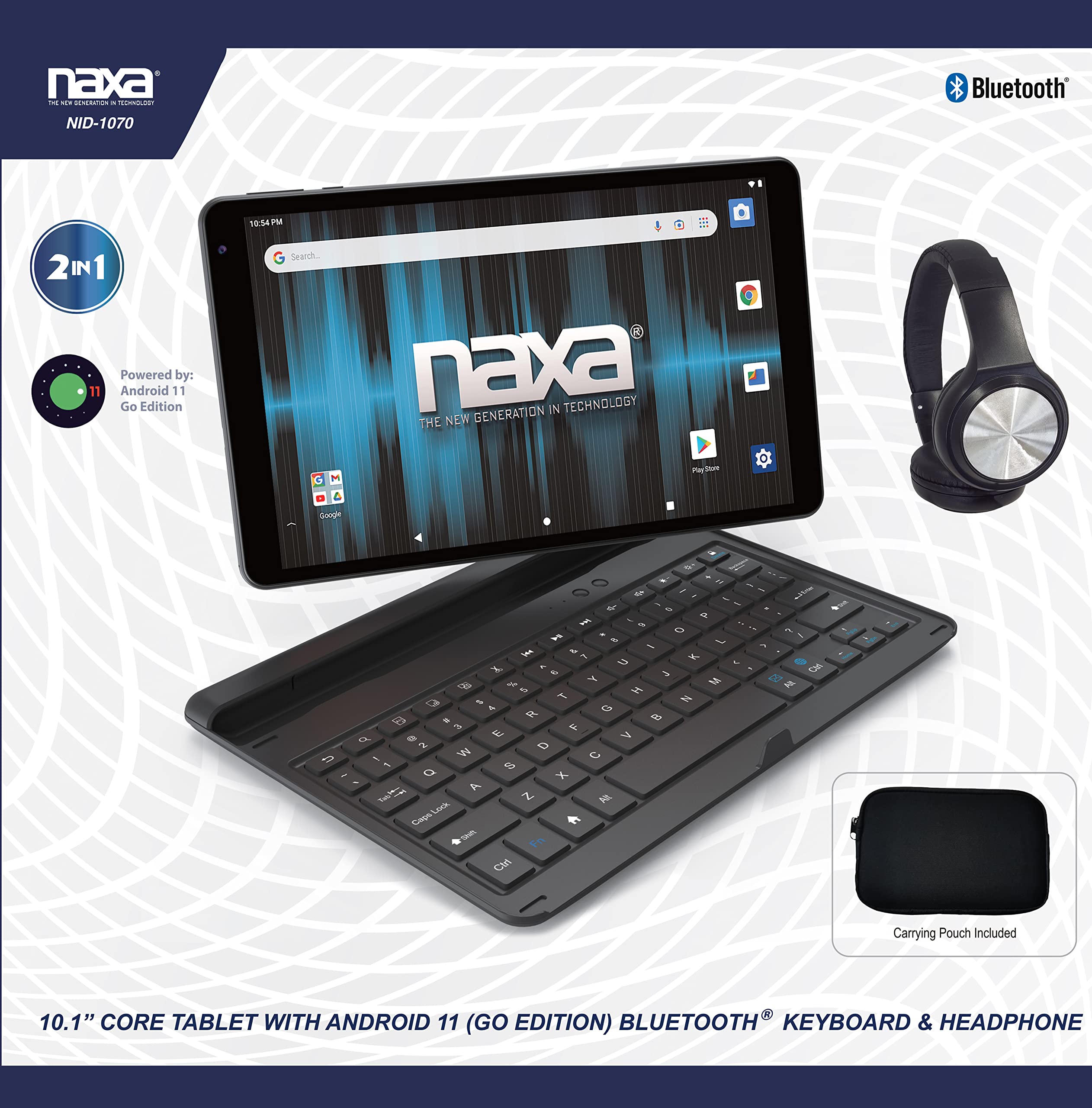 Naxa NID-1070 2-in-1 Core Android 11 Tablet with 10.1” HD IPS Screen and Bluetooth Keyboard Combo, 1.8GHz Quad Core Processor, 2GB RAM, 32GB Storage, Front & Rear Cameras, Speaker, & Microphone, Black