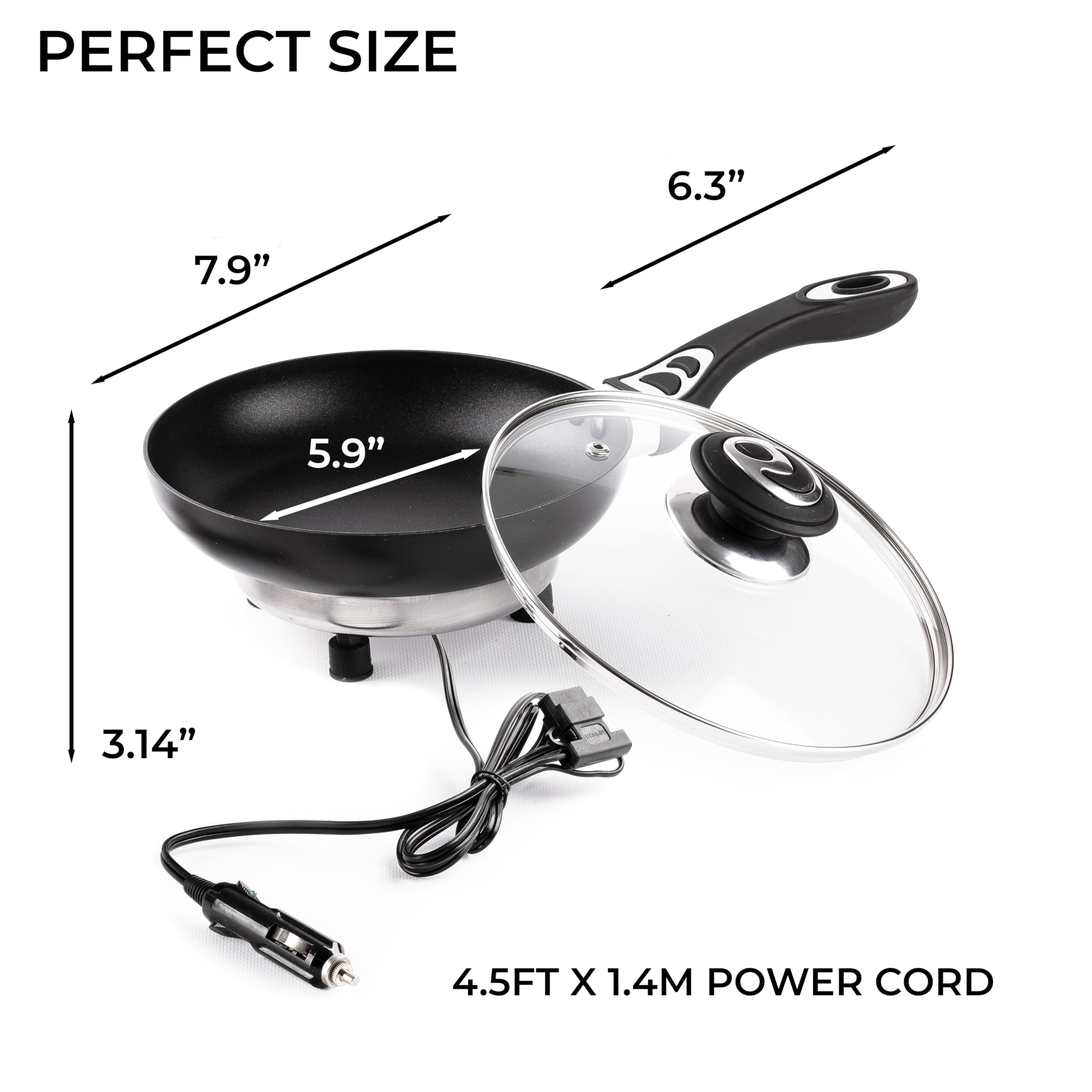 ZONETECH 12V Frying Pan with Glass Lid Portable Non-Stick 7.5-inch Pan Stay-Cool Handles, Rapid Heat Up, Portable, Perfect For Camping, Picnic and more