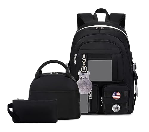 Teecho Waterproof Backpack Set for Teen Girls Cute Backpack Purse for Women Weeken Travel Rucksack Black