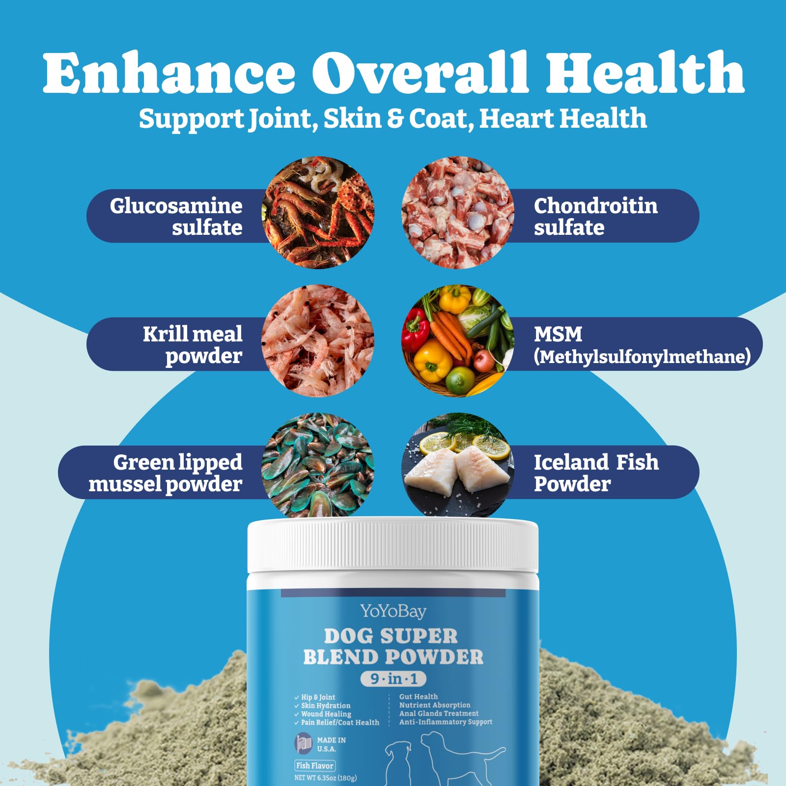 Supplements for Dogs, Dog Supplements Super Blend Powder 9 in 1, Vitamins for Dog, with Iceland Fish Powder, Support Gut Health, Hip and Joint, Multivitamin Support, 6.35oz, Fish Flavor