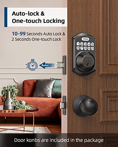TEEHO TE002K Fingerprint Door Lock Set - Keyless Entry Door Lock with Handle - Door Knob with Keypad Deadbolt - Smart Locks for Front Door - Auto Lock - No Need App - Easy Installation - Bronze