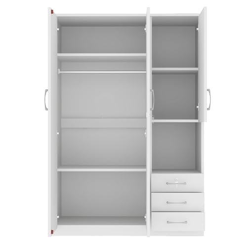 TINIMONI Modern 3-Door Wooden Wardrobe Armoire, Closet Organizer with Shelves, Drawers, and Hanging Rod, Stylish Storage Solution for Bedrooms, White