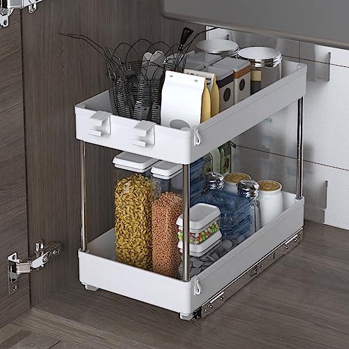 SZIPJAMP White Under Sink Organiser Houseware Cabinet Basket Organizer Simple Storage Shelf with Sliding Rail White Standing Rack for Kitchen Bathroom