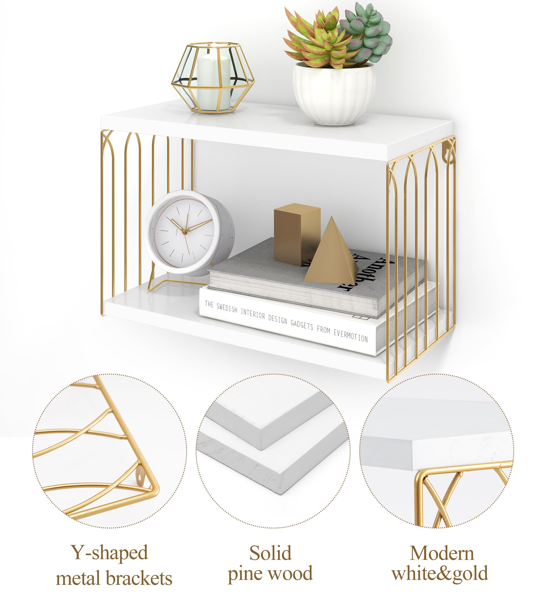Sivapleso Floating Nightstand, White and Gold Small Wall Mounted Night Stands Modern Minimalism Hanging Bedside Table