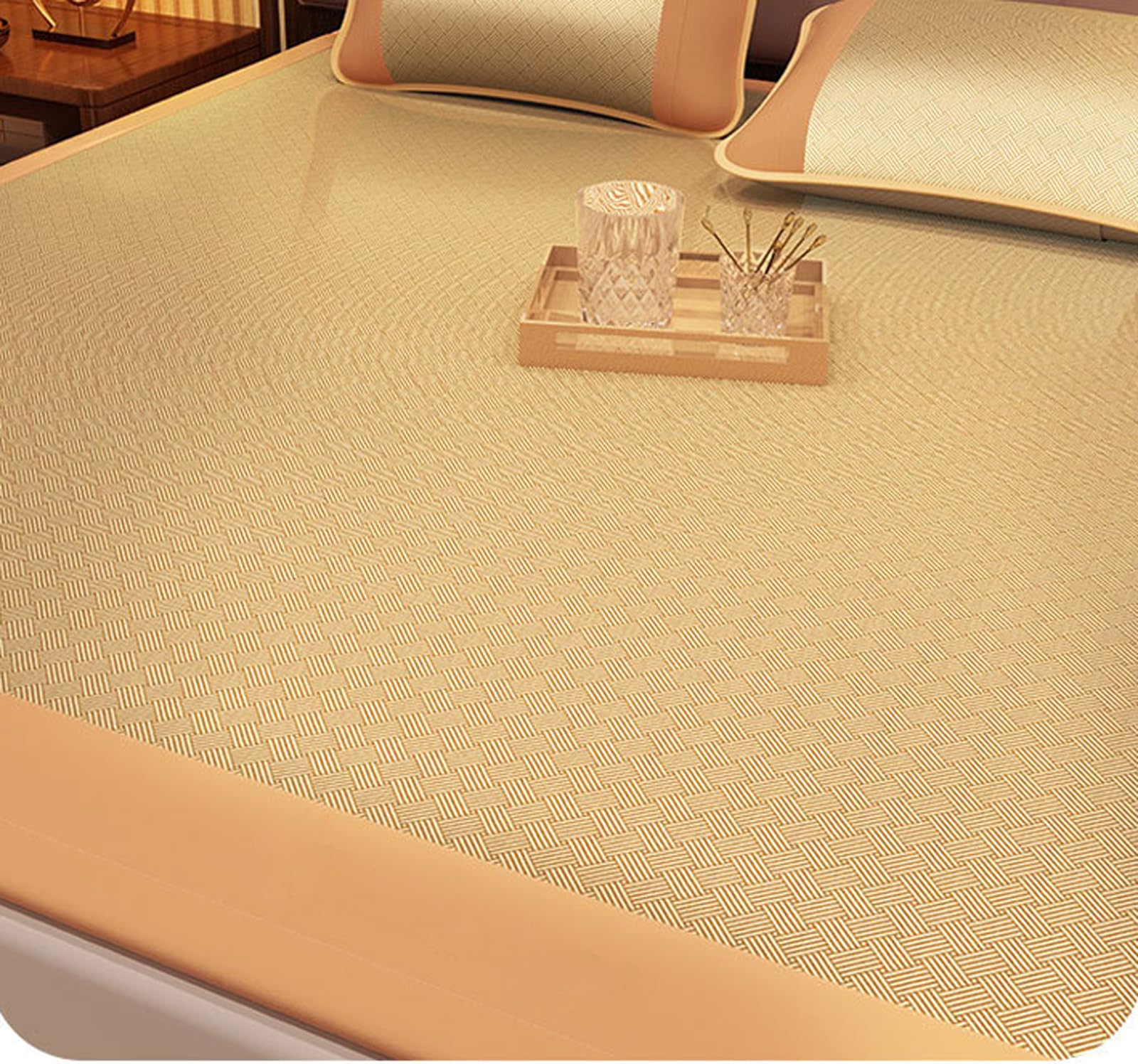 Summer Sleeping Pad Ice Rattan Mat 3 Piece Set (1 Mattress + 2 Pillowcases) Summer Ice Silk Mat Washable Cooler Mattresses (Gray, 59 * 78in/150 * 200cm)