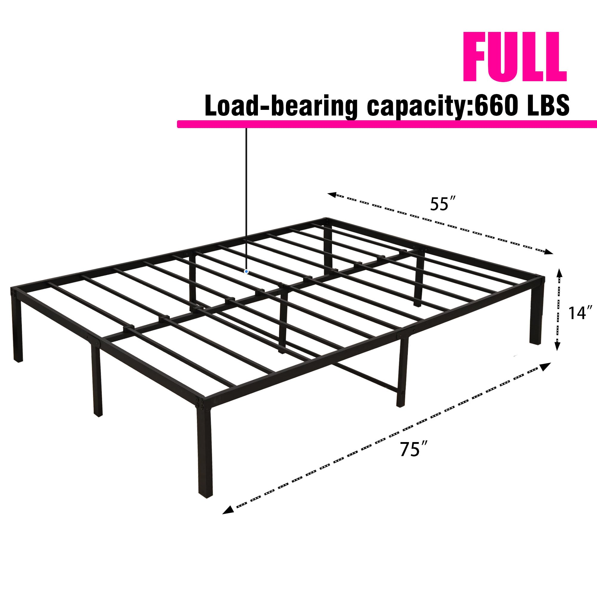 RIDFY 14 Inch Bed Frame Full Size Heavy Duty Steel Slat Support Metal Platform Full Bed Frame No Box Spring Needed, Easy Assembly, Black (Full)