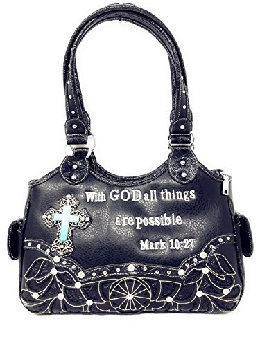 Western Style Embroidery Scripture Women Rhinestone Cross Bible Cover Book Case Crossbody Handbag Wallet in 5 Colors (Black Set)
