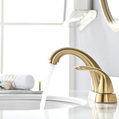 Phiestina Brushed Gold 4 Inch Centerset 2 or 3 Holes 2 Handle Bathroom Faucet, Bathroom Faucet with Copper Pop Up Drain and Water Supply Lines, BF008-5-BG
