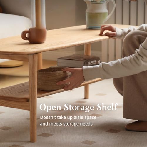 Toderoy Small Oval Coffee Table with Storage, Oak Wood Coffee Table for Living Room, 2-Tier Small Coffee Tables for Small Spaces - 15.75" D Modern Coffee Table (47.24W x 15.75" D x 16.53" H)