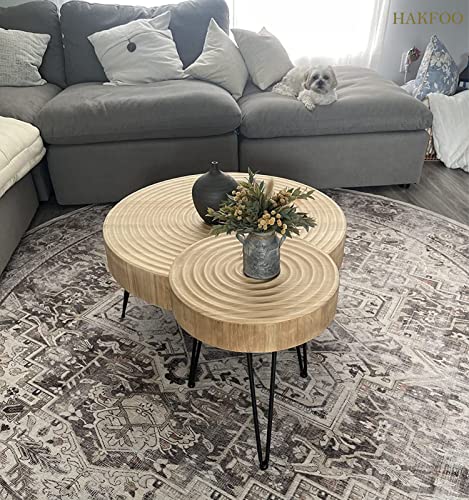Uspeedy 2-Piece Farmhouse Wooden Coffee Table Set,Boho Coffee Table,Living Room Round Coffee Table Set,Nesting Table Round Wooden Finish with Ring Motif (Wood 1)